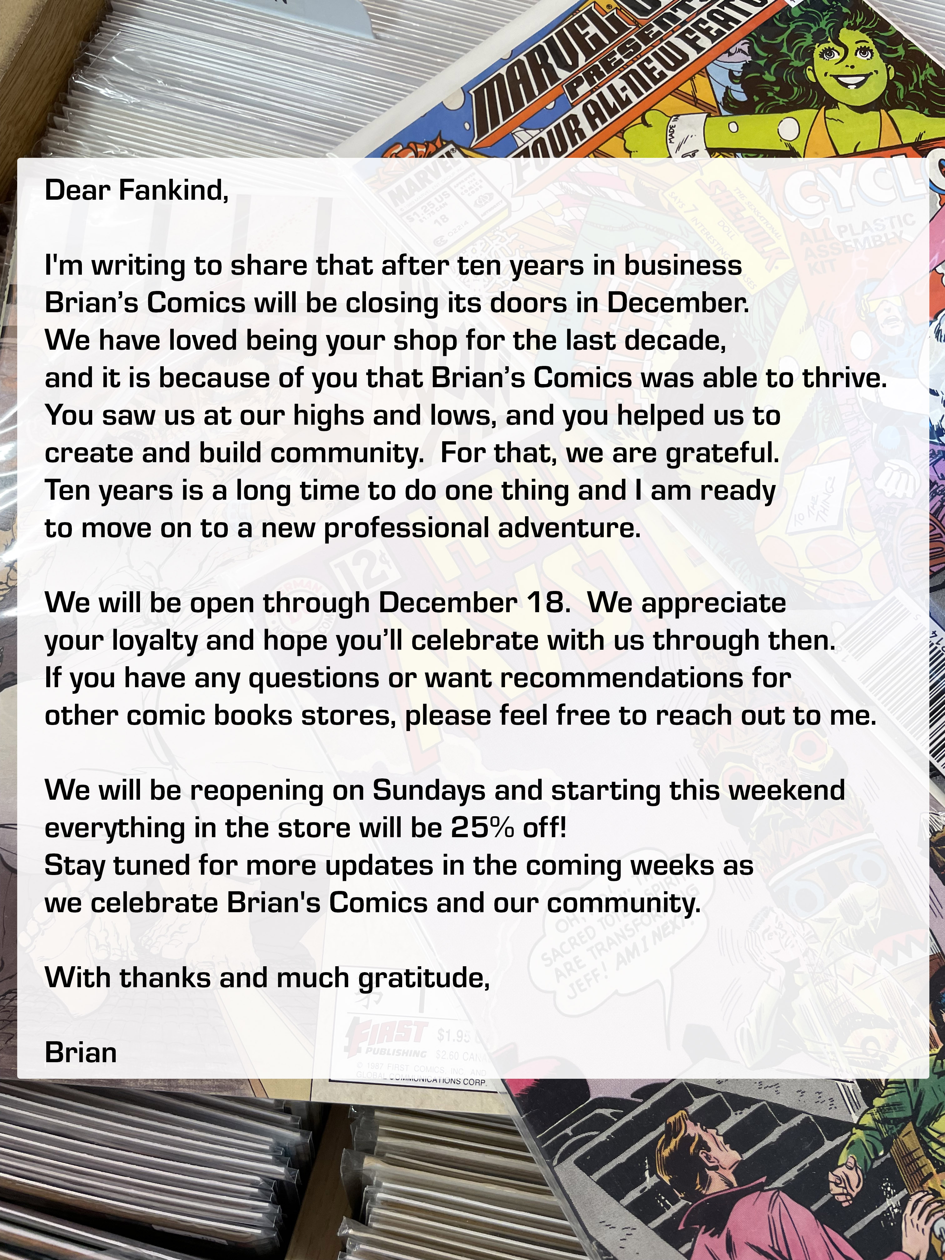 Big News from Brian’s Comics